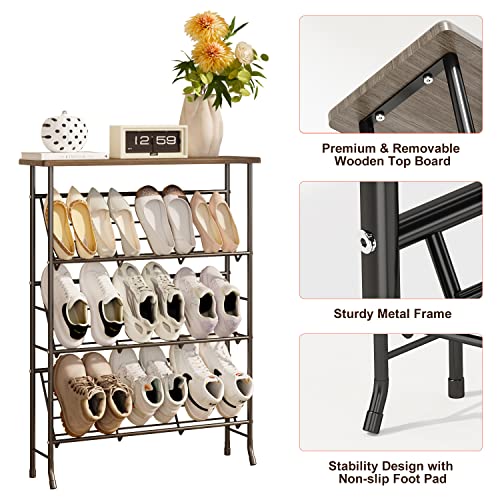 JZM Shoe Rack Storage, Narrow 4 tier Metal Shoe Storage Shelf, Free Standing Shoe Racks, Space Saving Shoe Rack Organizer for Entryway, Hallway, Bedroom, Living Room(12-16 Pair)