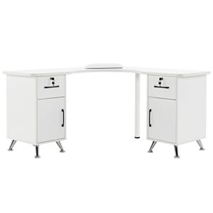 barberpub l-shaped nail table with storage corner manicure desk with drawers and cabinets home office workstation 2672 (white)