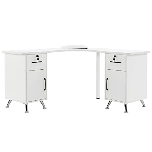 BarberPub L-Shaped Nail Table with Storage Corner Manicure Desk with Drawers and Cabinets Home Office Workstation 2672 (White)