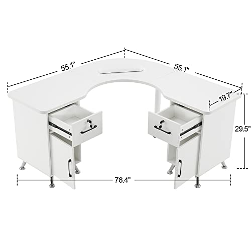 BarberPub L-Shaped Nail Table with Storage Corner Manicure Desk with Drawers and Cabinets Home Office Workstation 2672 (White)