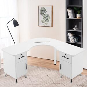 BarberPub L-Shaped Nail Table with Storage Corner Manicure Desk with Drawers and Cabinets Home Office Workstation 2672 (White)