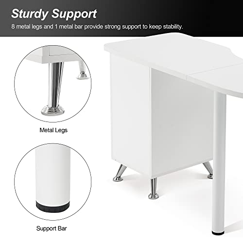 BarberPub L-Shaped Nail Table with Storage Corner Manicure Desk with Drawers and Cabinets Home Office Workstation 2672 (White)