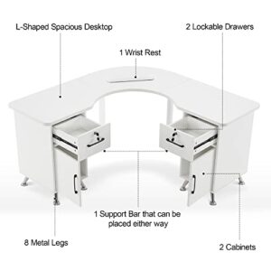 BarberPub L-Shaped Nail Table with Storage Corner Manicure Desk with Drawers and Cabinets Home Office Workstation 2672 (White)