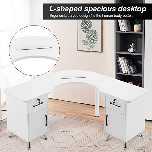 BarberPub L-Shaped Nail Table with Storage Corner Manicure Desk with Drawers and Cabinets Home Office Workstation 2672 (White)