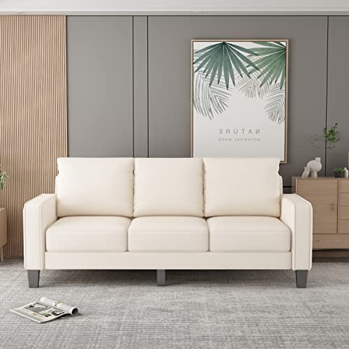 LUMISOL 75" Modern Upholstered 3-Seater Sofa with Track Arm, Linen Upholstered Sofa Couch with Solid Wood Legs for Living Room, Apartment (Beige)