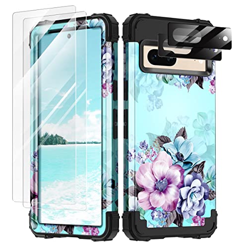 Uamark for Google Pixel 7 Case,Three Layer Heavy Duty Shockproof Full Body Protective with 2 Tempered Glass Screen Protector + 2 Camera Lens Protector Case for Google Pixel 7 5G(2022),Blue Flower