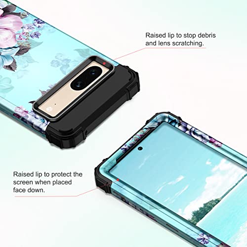 Uamark for Google Pixel 7 Case,Three Layer Heavy Duty Shockproof Full Body Protective with 2 Tempered Glass Screen Protector + 2 Camera Lens Protector Case for Google Pixel 7 5G(2022),Blue Flower