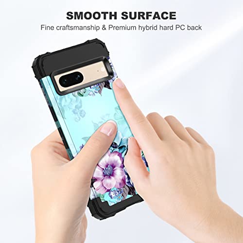 Uamark for Google Pixel 7 Case,Three Layer Heavy Duty Shockproof Full Body Protective with 2 Tempered Glass Screen Protector + 2 Camera Lens Protector Case for Google Pixel 7 5G(2022),Blue Flower