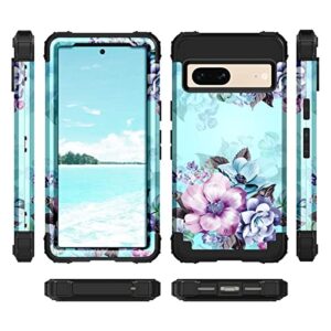 Uamark for Google Pixel 7 Case,Three Layer Heavy Duty Shockproof Full Body Protective with 2 Tempered Glass Screen Protector + 2 Camera Lens Protector Case for Google Pixel 7 5G(2022),Blue Flower