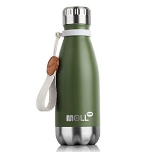 mollcity small water bottles for kids -9 oz stainless steel insulated vacuum water bottle for school metal leak proof cola shape mini water bottle for boys (grass green)