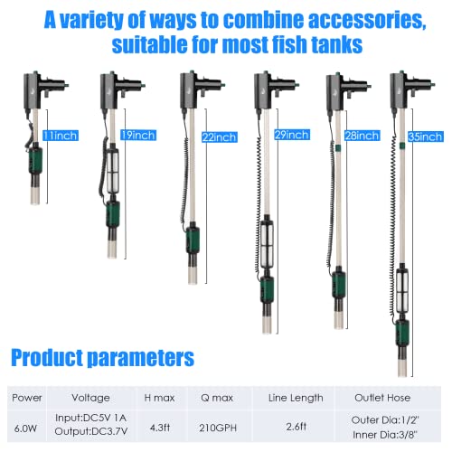 AQQA Aquarium Rechargeable Gravel Cleaner,Energy Saving Fish Tank Siphon Vacuum Cleaner,Adjustable Flow Rate,Portable Automatic Water Changer,Remove Dirt Wash Sand Water Circulation Filter 6W 210GPH