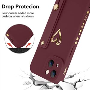 Fiyart Designed for iPhone 13 Case with Phone Stand Holder Cute Love Hearts Pattern Slim Protective Camera Protection Cover with Wrist Strap for Women Girls for iPhone 13 6.1"-Wine Red