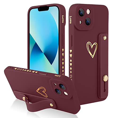 Fiyart Designed for iPhone 13 Case with Phone Stand Holder Cute Love Hearts Pattern Slim Protective Camera Protection Cover with Wrist Strap for Women Girls for iPhone 13 6.1"-Wine Red