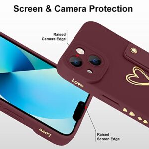 Fiyart Designed for iPhone 13 Case with Phone Stand Holder Cute Love Hearts Pattern Slim Protective Camera Protection Cover with Wrist Strap for Women Girls for iPhone 13 6.1"-Wine Red