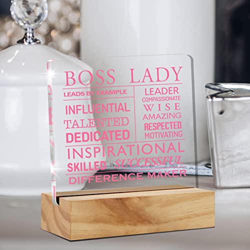 Inspirational Boss Appreciation Gift Boss Lady Gifts for Women, Pink Boss Lady Desk Decor Acrylic Desk Plaque Sign with Wood Stand Home Office Desk Sign Keepsake