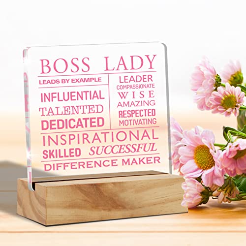 Inspirational Boss Appreciation Gift Boss Lady Gifts for Women, Pink Boss Lady Desk Decor Acrylic Desk Plaque Sign with Wood Stand Home Office Desk Sign Keepsake