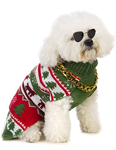 Coomour Dog Chirstmas Shirts Pet Xmas Clothes with Gold Necklace and Glasses Puppy Santa Clothing Cat Shirt (2XL)