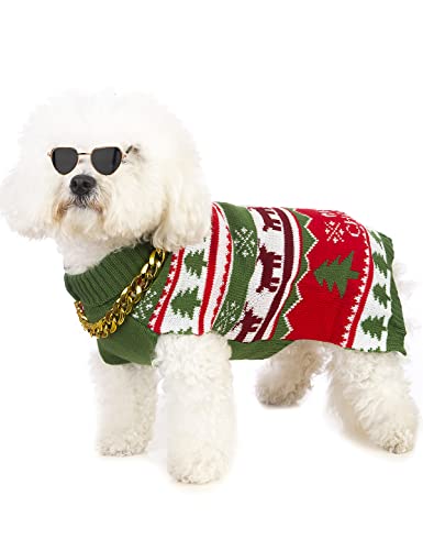 Coomour Dog Chirstmas Shirts Pet Xmas Clothes with Gold Necklace and Glasses Puppy Santa Clothing Cat Shirt (2XL)