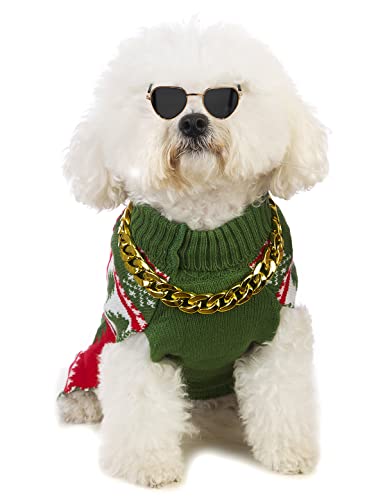 Coomour Dog Chirstmas Shirts Pet Xmas Clothes with Gold Necklace and Glasses Puppy Santa Clothing Cat Shirt (2XL)