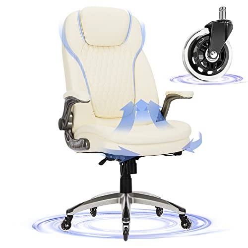 COLAMY Executive Office Chair-Ergonomic Computer Chair High Back with Flip-up Arms, Adjustable Height and Tilt Lock, Thicken Seat Cushion Soft Leather Swivel Work Chair-Ivory