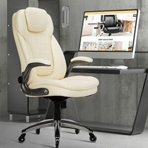 COLAMY Executive Office Chair-Ergonomic Computer Chair High Back with Flip-up Arms, Adjustable Height and Tilt Lock, Thicken Seat Cushion Soft Leather Swivel Work Chair-Ivory