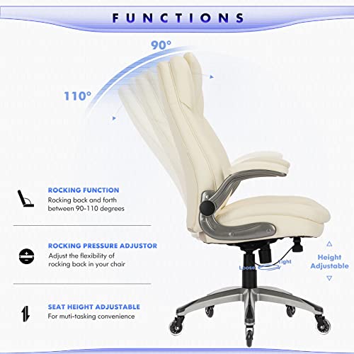 COLAMY Executive Office Chair-Ergonomic Computer Chair High Back with Flip-up Arms, Adjustable Height and Tilt Lock, Thicken Seat Cushion Soft Leather Swivel Work Chair-Ivory