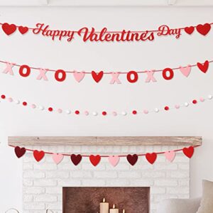 valentines day home decor, 4 kind valentines day banner, happy valentine's day xoxo red heart pom banner, felt garland banner for home wall fireplace, valentines romantic decor special night