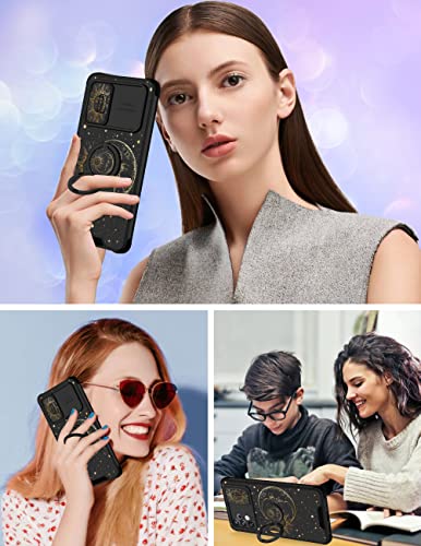 Goocrux (2in1 for Samsung Galaxy A32 5G Case Sun and Moon Women Girls Cute Stars Space Phone Cover with Slide Camera Cover+Ring Holder Fashion Golden Print Design Cases for Galaxy A 32 6.5''