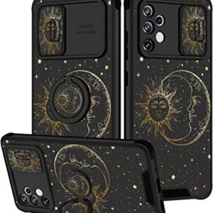 Goocrux (2in1 for Samsung Galaxy A32 5G Case Sun and Moon Women Girls Cute Stars Space Phone Cover with Slide Camera Cover+Ring Holder Fashion Golden Print Design Cases for Galaxy A 32 6.5''