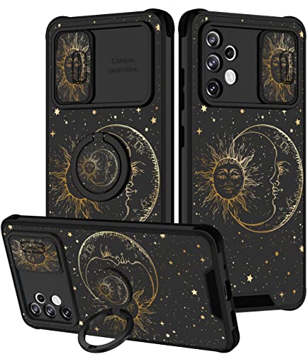 Goocrux (2in1 for Samsung Galaxy A32 5G Case Sun and Moon Women Girls Cute Stars Space Phone Cover with Slide Camera Cover+Ring Holder Fashion Golden Print Design Cases for Galaxy A 32 6.5''