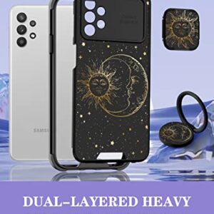 Goocrux (2in1 for Samsung Galaxy A32 5G Case Sun and Moon Women Girls Cute Stars Space Phone Cover with Slide Camera Cover+Ring Holder Fashion Golden Print Design Cases for Galaxy A 32 6.5''