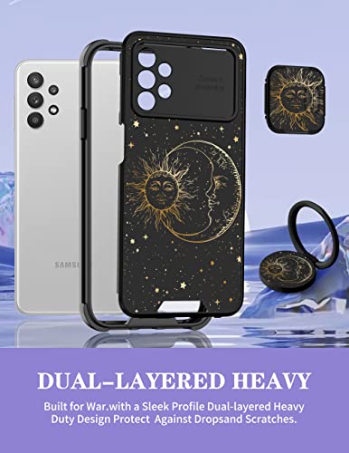 Goocrux (2in1 for Samsung Galaxy A32 5G Case Sun and Moon Women Girls Cute Stars Space Phone Cover with Slide Camera Cover+Ring Holder Fashion Golden Print Design Cases for Galaxy A 32 6.5''