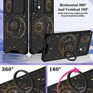 Goocrux (2in1 for Samsung Galaxy A32 5G Case Sun and Moon Women Girls Cute Stars Space Phone Cover with Slide Camera Cover+Ring Holder Fashion Golden Print Design Cases for Galaxy A 32 6.5''