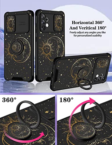 Goocrux (2in1 for Samsung Galaxy A32 5G Case Sun and Moon Women Girls Cute Stars Space Phone Cover with Slide Camera Cover+Ring Holder Fashion Golden Print Design Cases for Galaxy A 32 6.5''