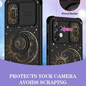 Goocrux (2in1 for Samsung Galaxy A32 5G Case Sun and Moon Women Girls Cute Stars Space Phone Cover with Slide Camera Cover+Ring Holder Fashion Golden Print Design Cases for Galaxy A 32 6.5''