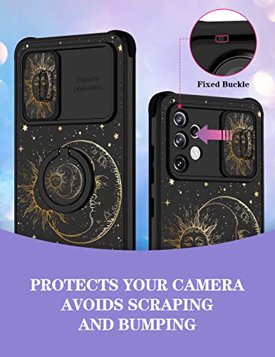 Goocrux (2in1 for Samsung Galaxy A32 5G Case Sun and Moon Women Girls Cute Stars Space Phone Cover with Slide Camera Cover+Ring Holder Fashion Golden Print Design Cases for Galaxy A 32 6.5''