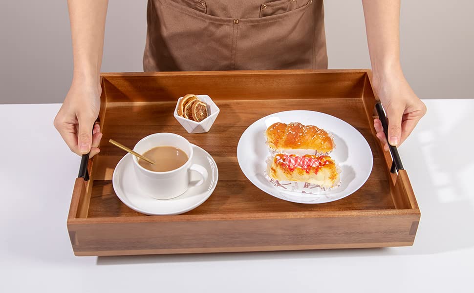 MornHalo Extra-Large Wooden Tray Set of 2, (20.1'' + 18.1'') Serving Tray with Metal Handles, Rectangle Rustic Serving Trays for Breakfast, Used in Kitchen Counter, Coffee Table, Bedroom, Living Room