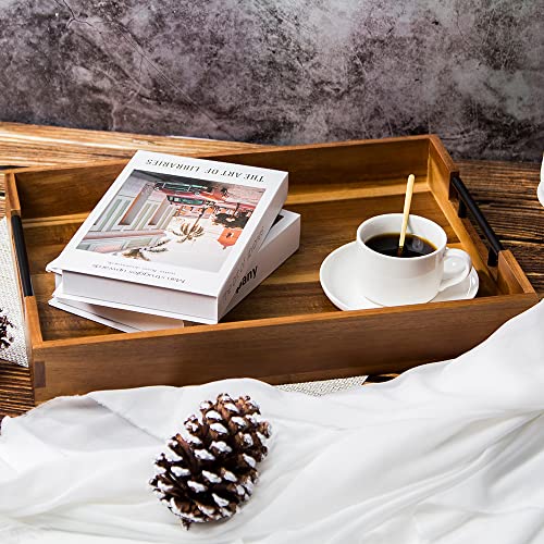 MornHalo Extra-Large Wooden Tray Set of 2, (20.1'' + 18.1'') Serving Tray with Metal Handles, Rectangle Rustic Serving Trays for Breakfast, Used in Kitchen Counter, Coffee Table, Bedroom, Living Room