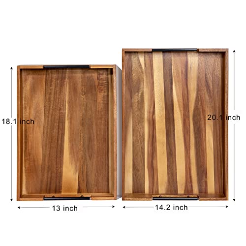 MornHalo Extra-Large Wooden Tray Set of 2, (20.1'' + 18.1'') Serving Tray with Metal Handles, Rectangle Rustic Serving Trays for Breakfast, Used in Kitchen Counter, Coffee Table, Bedroom, Living Room