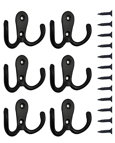 ABINLIN Coat Hooks 6 Pcs, Door Hooks for Hanging with 12 Screws, Heavy Duty Retro Double Hook for Hat, Purse, Key, Towel, Bags, Cup (Black)