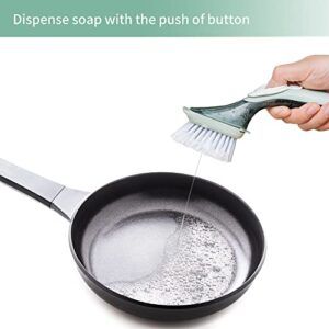 CQT Soap Dispensing Dish Brush Storage Set, Dish Scrubber with Handle, Kitchen Washing Brush for Pot Pan Sink Cleaning, Kitchen Brush with Holder and 1 Replaced Scouring Pad Head