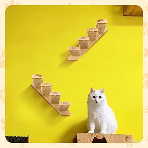 2 Pack Cat Climbing Shelf Wall Mounted Wood Cat Stair Cat Climbing Ladder 4 Step Cat Stairway with Jute Scratching Reversible Cat Wall Furniture for Cats Perch Platform Play Jump Climber Supplies