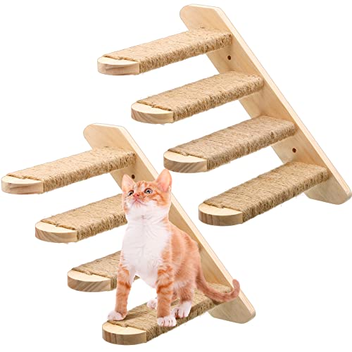 2 Pack Cat Climbing Shelf Wall Mounted Wood Cat Stair Cat Climbing Ladder 4 Step Cat Stairway with Jute Scratching Reversible Cat Wall Furniture for Cats Perch Platform Play Jump Climber Supplies