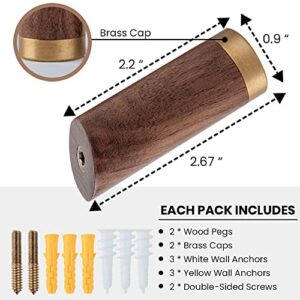 Pillarr Wooden Wall Hooks with Brass Cap and Mounting Hardware - Angled Wood Wall Hooks Set of 2 Wooden Pegs for Hanging - Decorative Hooks for Hat, Bag, Coat, Towel