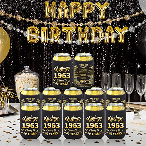 BdayPtion 60th Birthday Decorations for Men Women, Turning 60 Party Decorations, 60 Year Old Bday Party Supplies, Sixty Birthday Present, Back in 1963, Black and Gold Pack of 12 Can Cooler Sleeves