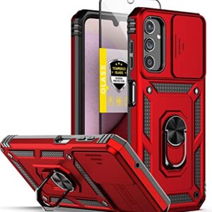 Dretal for Galaxy A14 5G Case, Samsung A14 5G Case + Tempered Glass Screen Protector with Kickstand & Slide Lens Protector Heavy Duty Armor Shockproof Rugged Military Grade Protective Case(Red)