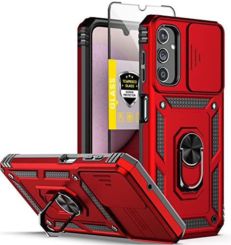 Dretal for Galaxy A14 5G Case, Samsung A14 5G Case + Tempered Glass Screen Protector with Kickstand & Slide Lens Protector Heavy Duty Armor Shockproof Rugged Military Grade Protective Case(Red)