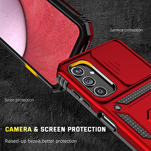 Dretal for Galaxy A14 5G Case, Samsung A14 5G Case + Tempered Glass Screen Protector with Kickstand & Slide Lens Protector Heavy Duty Armor Shockproof Rugged Military Grade Protective Case(Red)