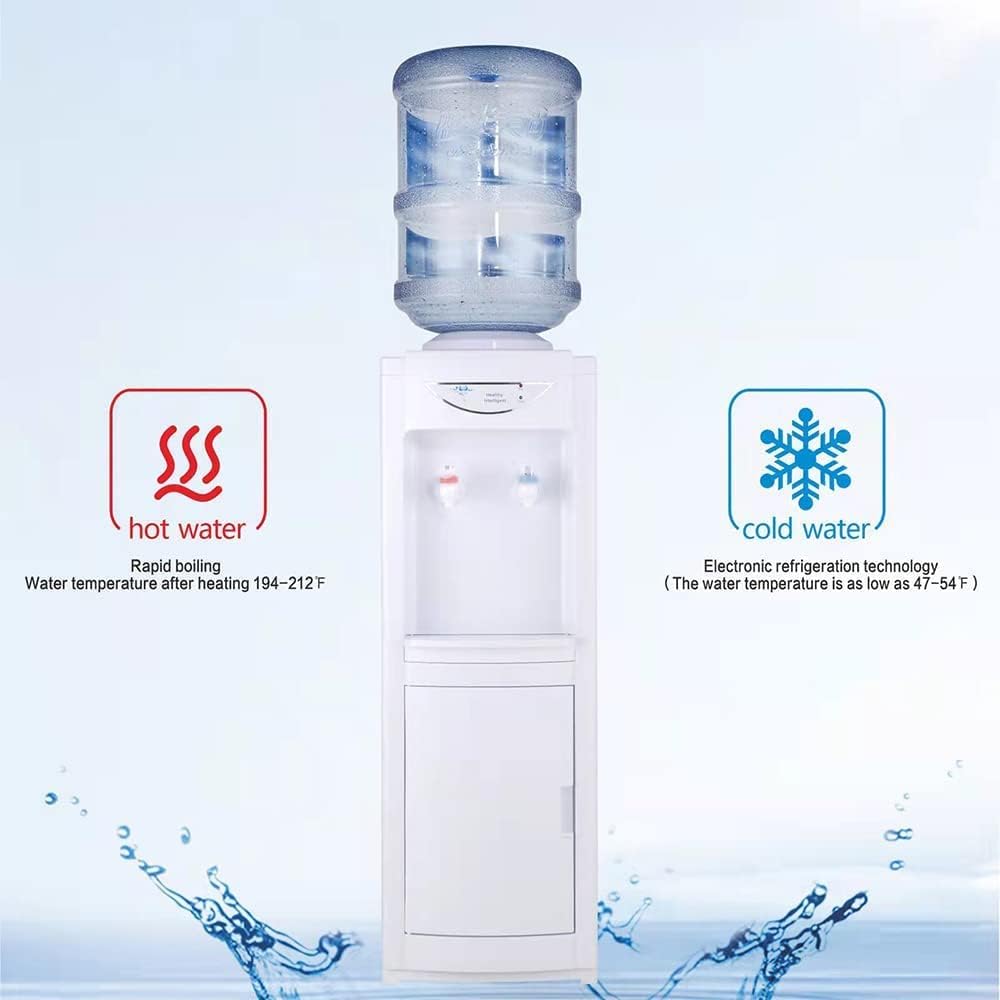 Water Cooler Dispenser for 5 Gallon Bottle, Top Loading Hot & Cold Water Freestanding Electric Water Cooler Child Safety Lock for Indoor Home Office Use with Storage Cabinet, White