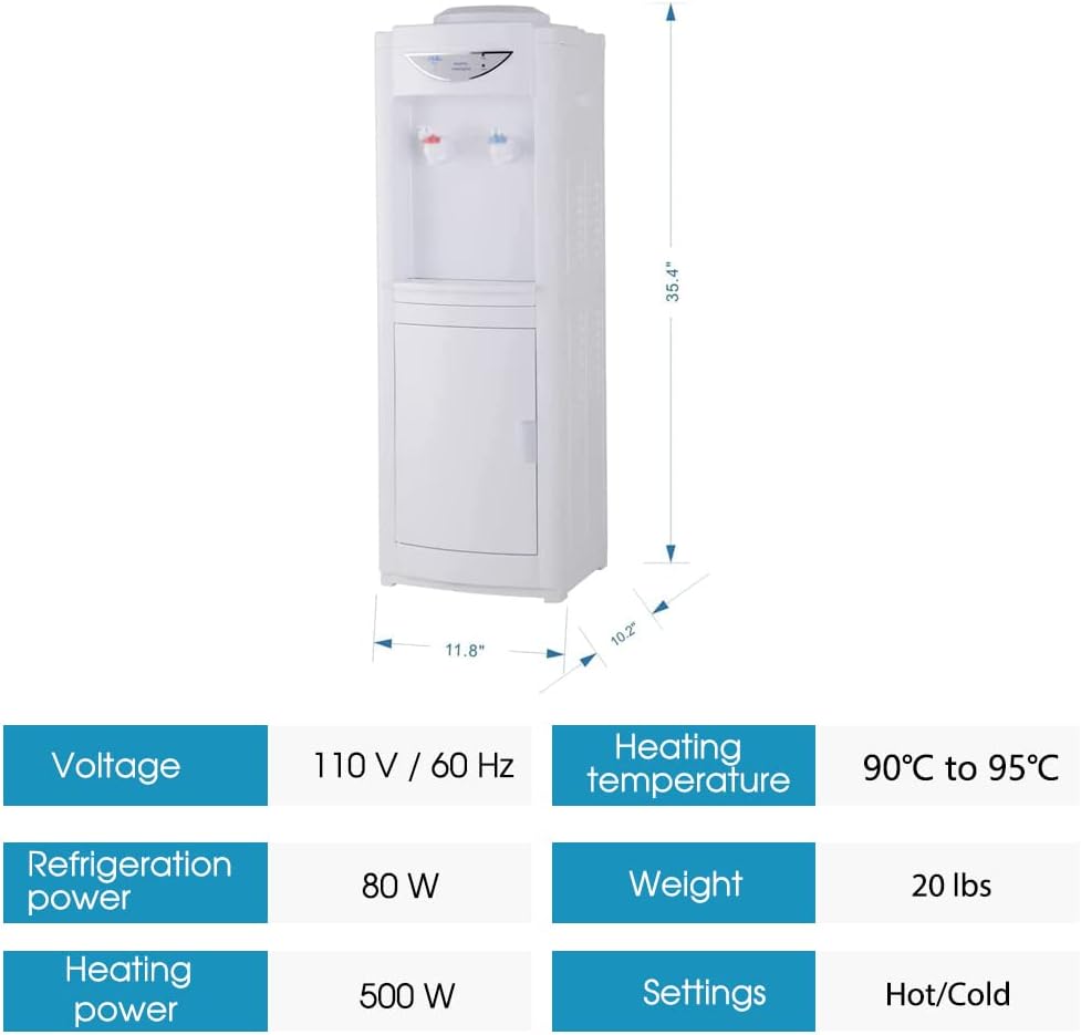 Water Cooler Dispenser for 5 Gallon Bottle, Top Loading Hot & Cold Water Freestanding Electric Water Cooler Child Safety Lock for Indoor Home Office Use with Storage Cabinet, White